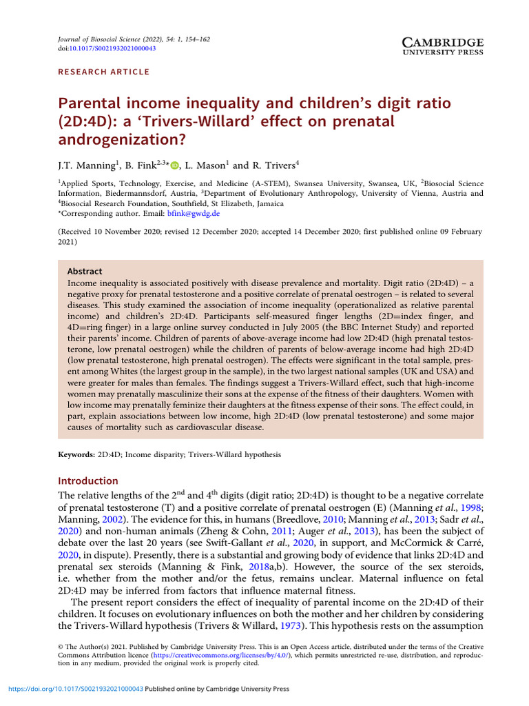 Parental Income Inequality and Childrens Digit Ratio 2d4d A Trivers ...