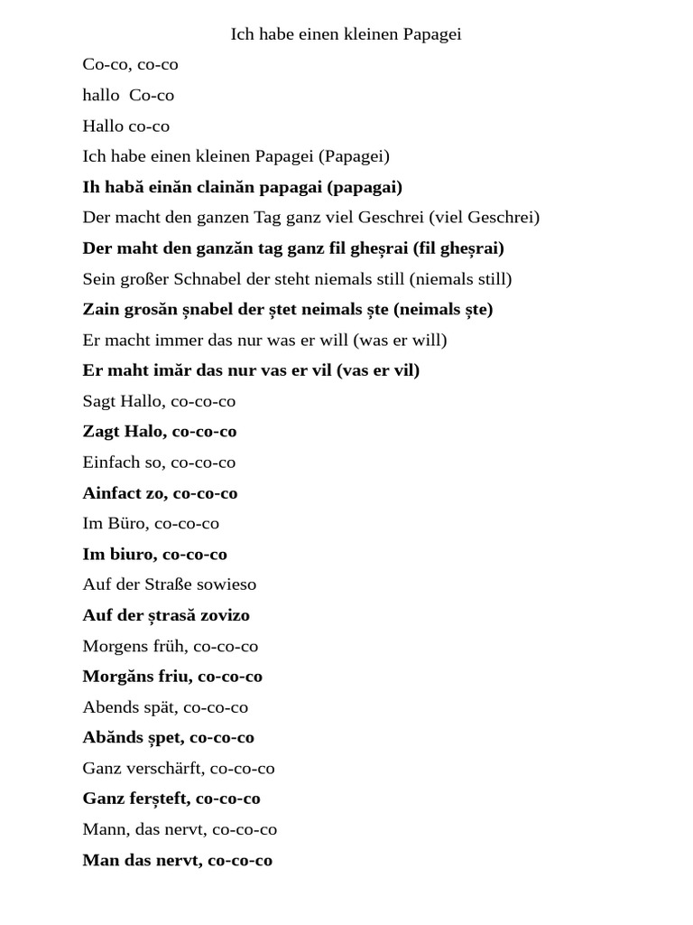 Ich Habe Einen Kleinen Papagei - Cantec Miercuri | PDF