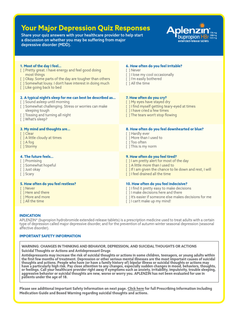 Aplenzin MDD Quiz Responses 05082022 08191204 | PDF | Major Depressive ...