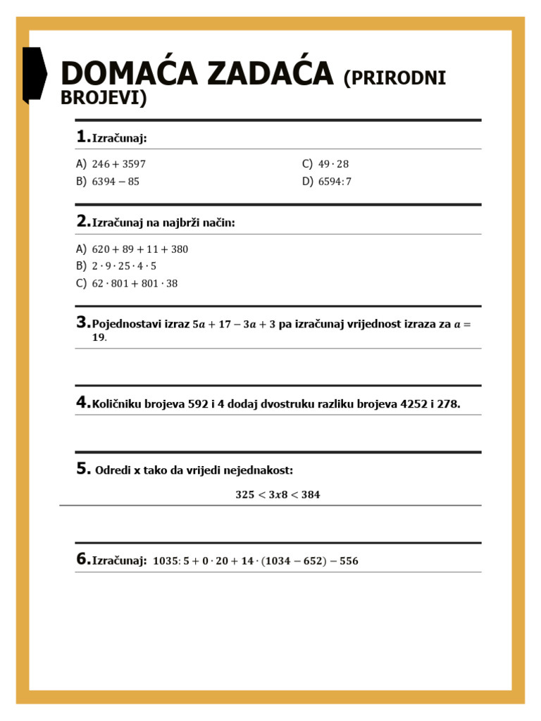 Radni Listić (1. Sat) Zadatci Za DZ - Prirodni Brojevi | PDF