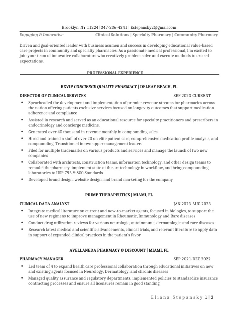 Eliana Stepansky Resume | PDF | Pharmacy | Pharmacist