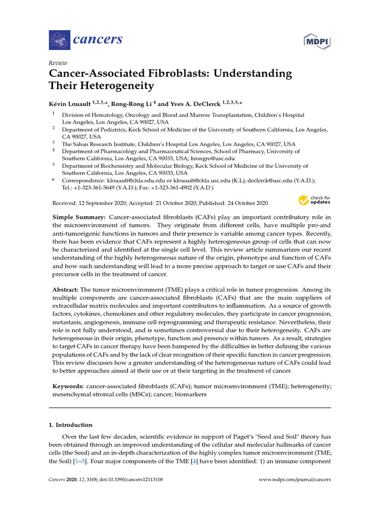 Cancer-Associated Fibroblasts Understanding Their Heterogeneity | PDF | Transforming Growth ...
