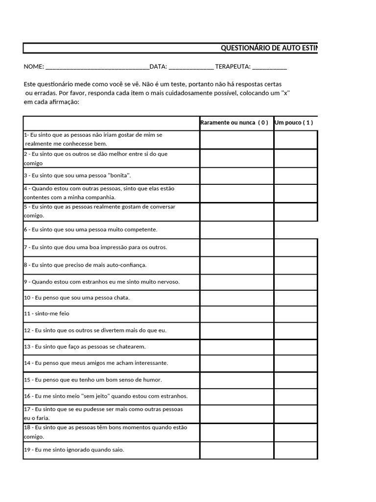 Questionário de Auto Estima | PDF | Autoestima