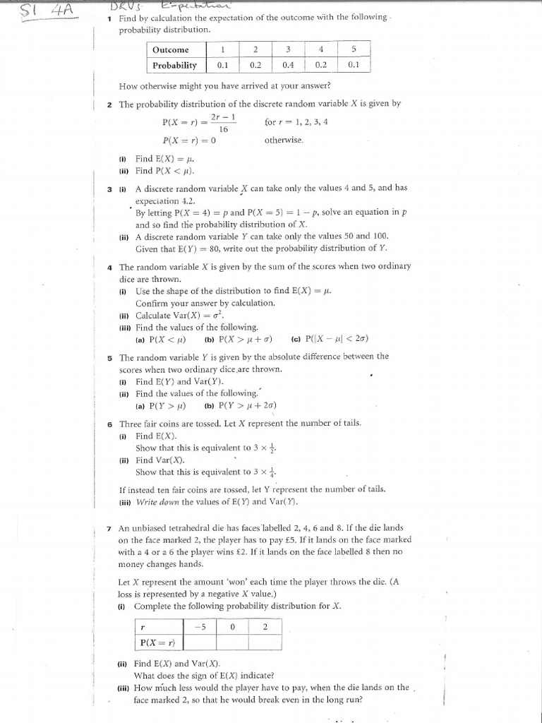 DRVs - S1 4B - Expectation & Variance - Questions With Answers | PDF
