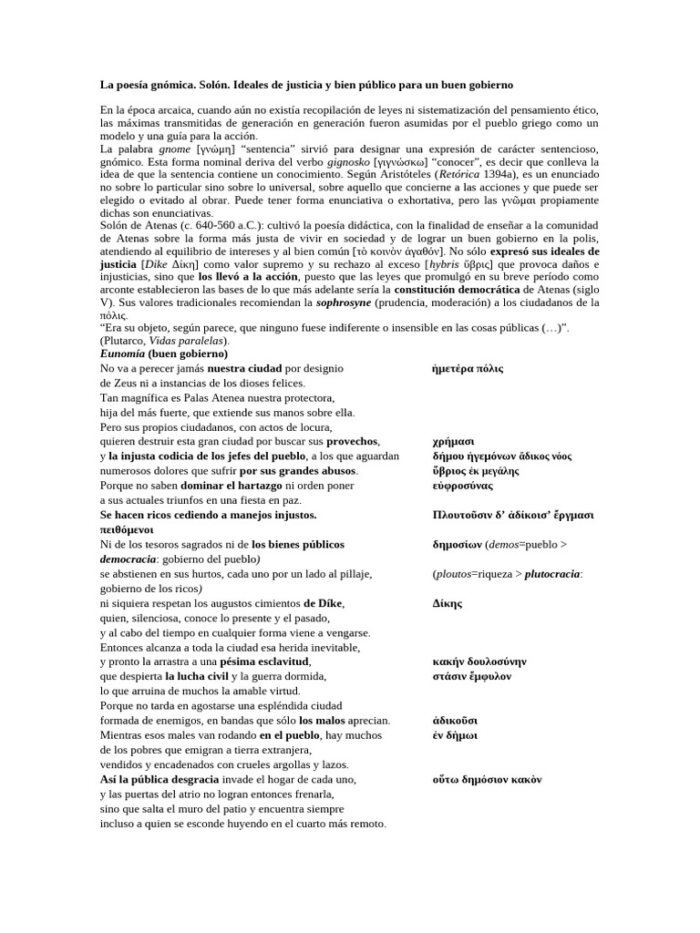 La Poesía Gnómica. Solón. Eunomía | PDF | Justicia | Crimen y violencia