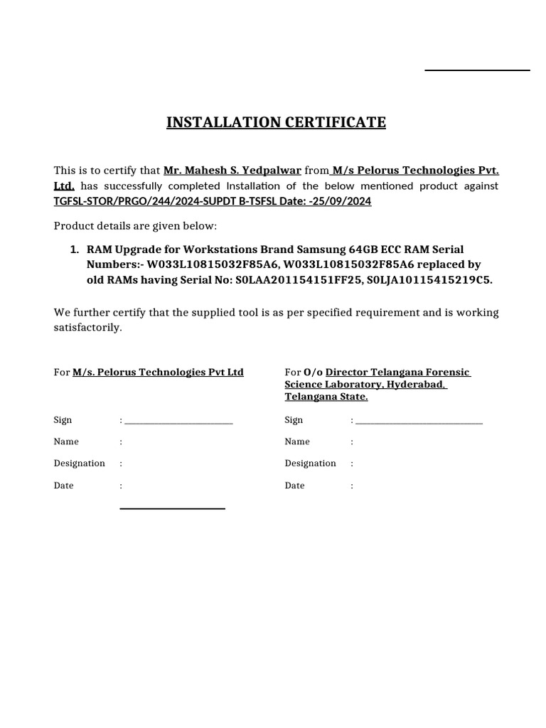 Installation Certificate | PDF
