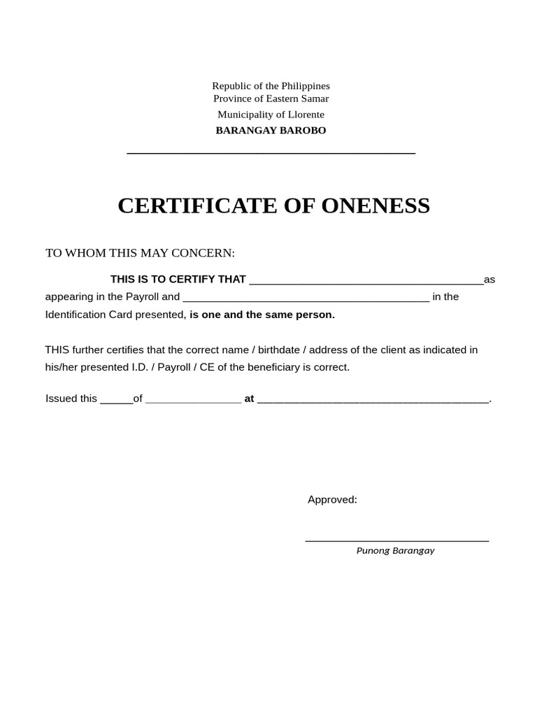 Certificate of Oneness for Identification | PDF