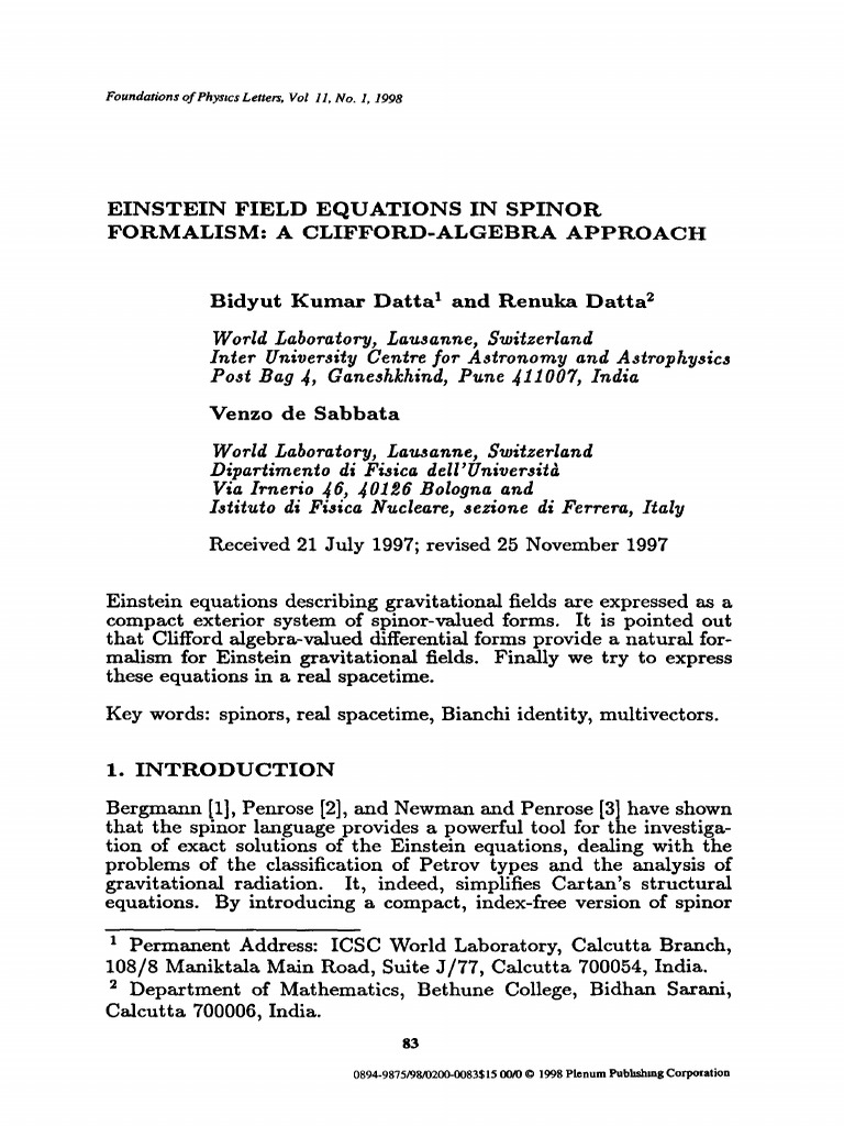 1998 Einstein Field Eqs Spinor Formalism Clifford Algebra Approach Pdf Mathematical Objects