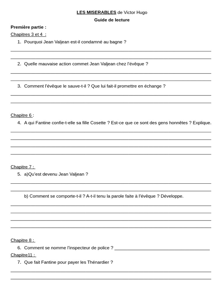 Guide de lecture : Les Misérables Partie 1 | PDF | Les misérables ...