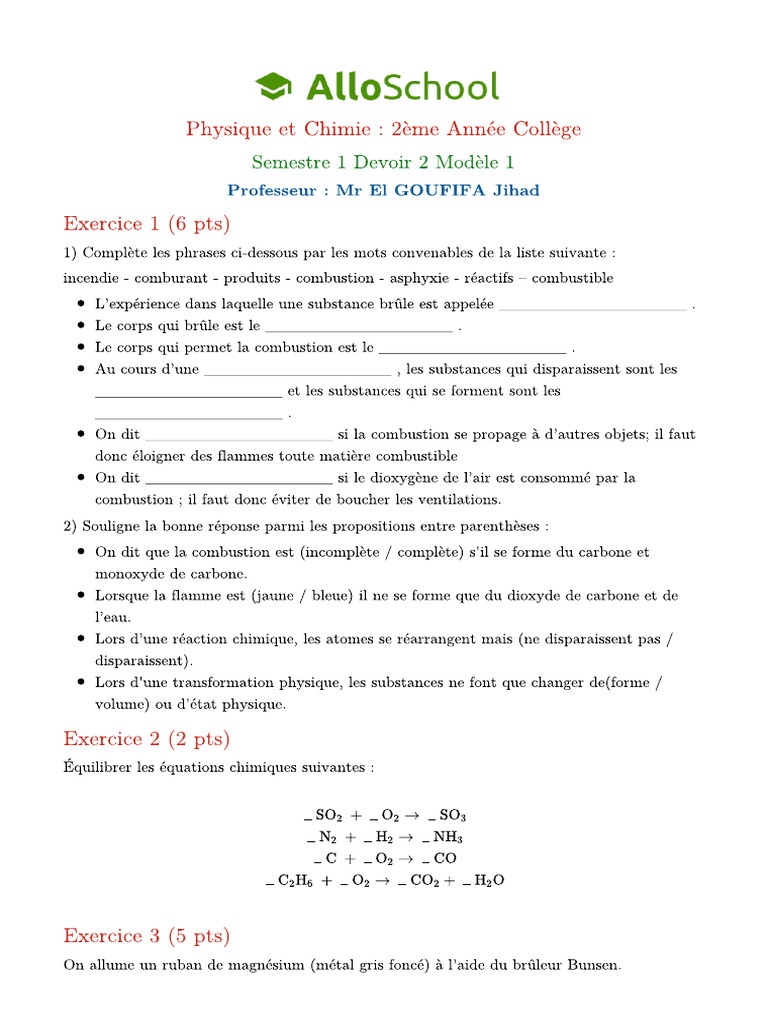 PC 2ac Semestre 1 Devoir 2 Modele 1 1 | PDF