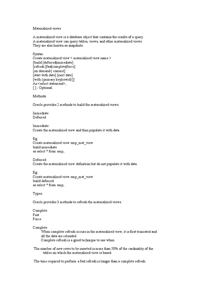 Materialized Views | PDF | Table (Database) | Database Index