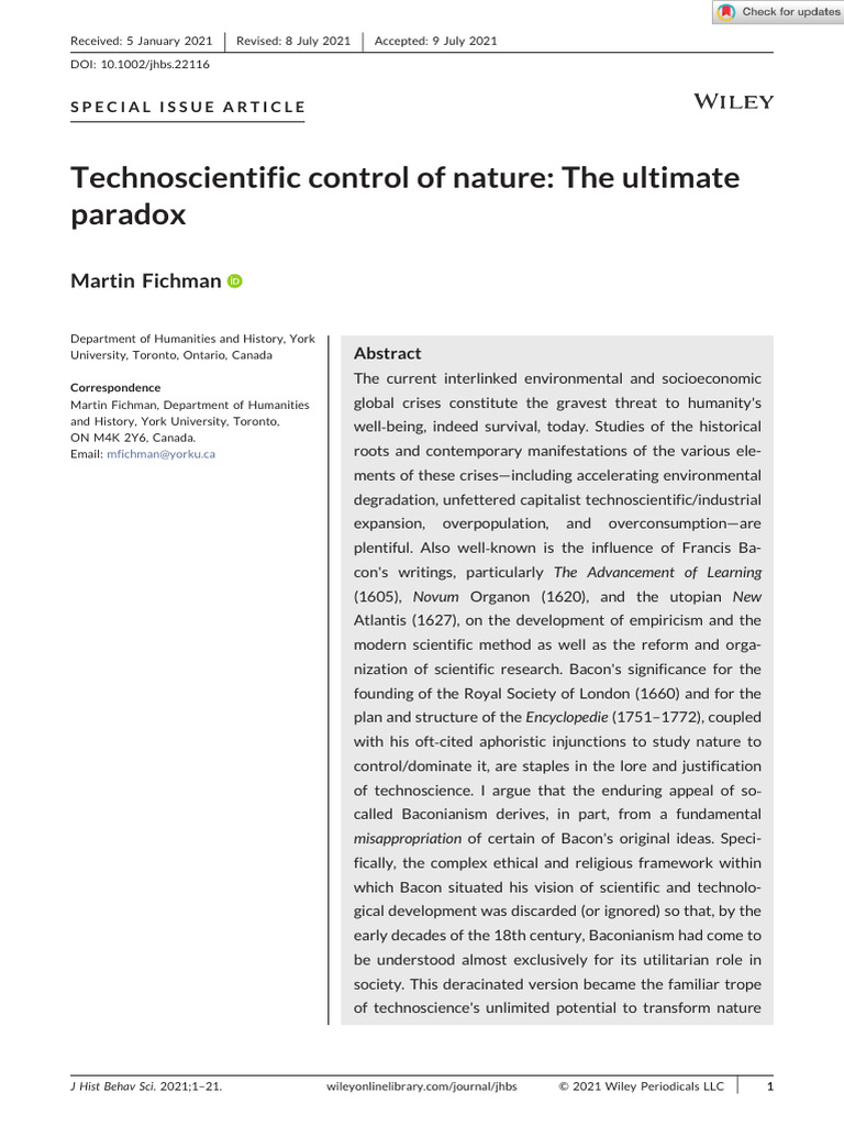 Fichman-Technoscientific Control of Nature - The Ultimate Paradox | PDF ...