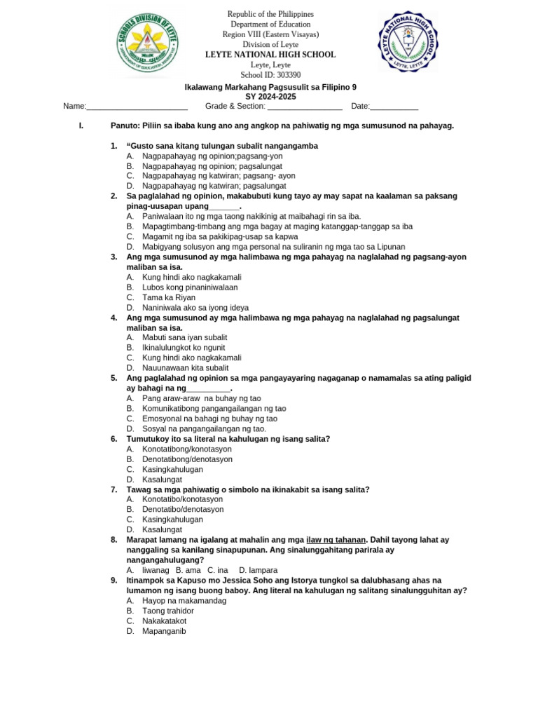 Ikalawang Markahang Pagsusulit Sa Fil 8 | PDF