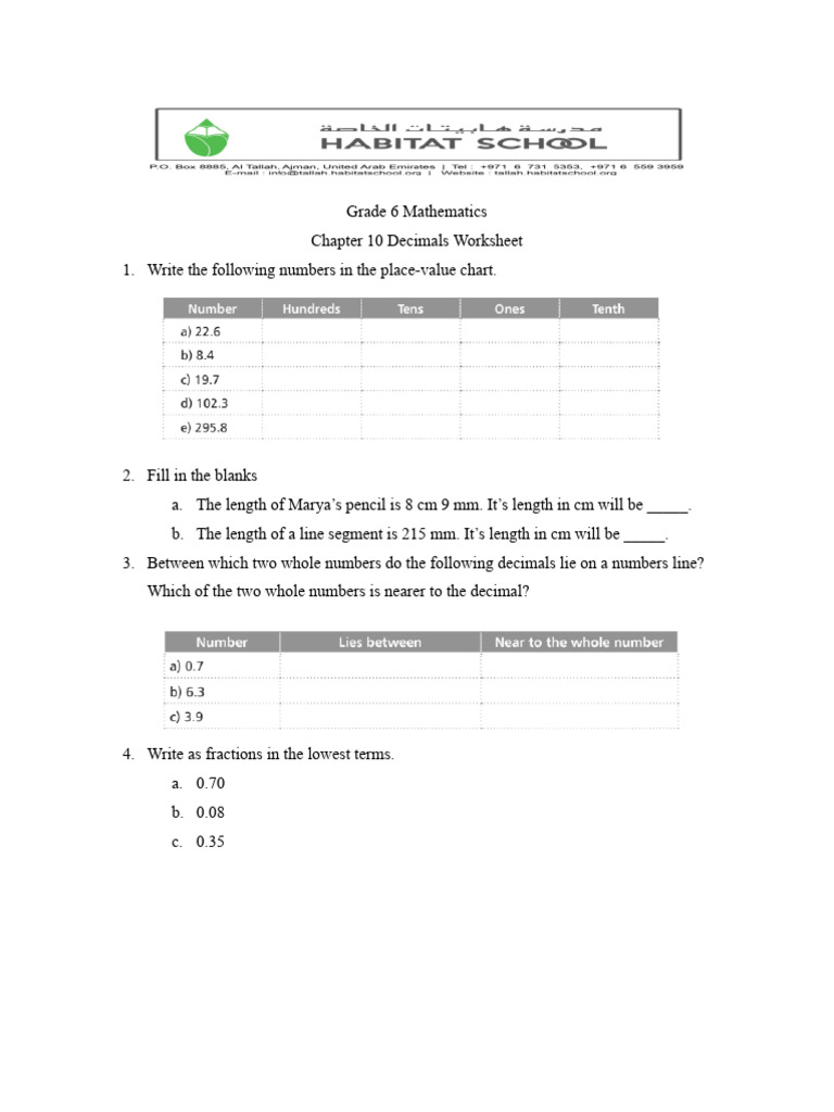 Worksheet Chapter 10 Decimals | PDF