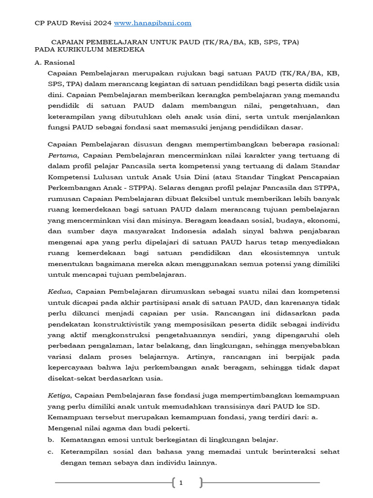 Capaian Pembelajaran PAUD | PDF