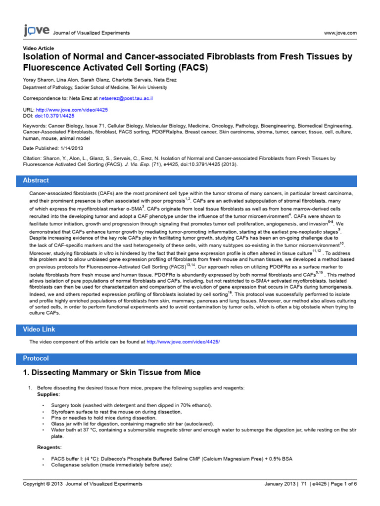 Isolation of Normal and Cancer-Associated Fibroblasts From Fresh Tissues by Fluorescence ...