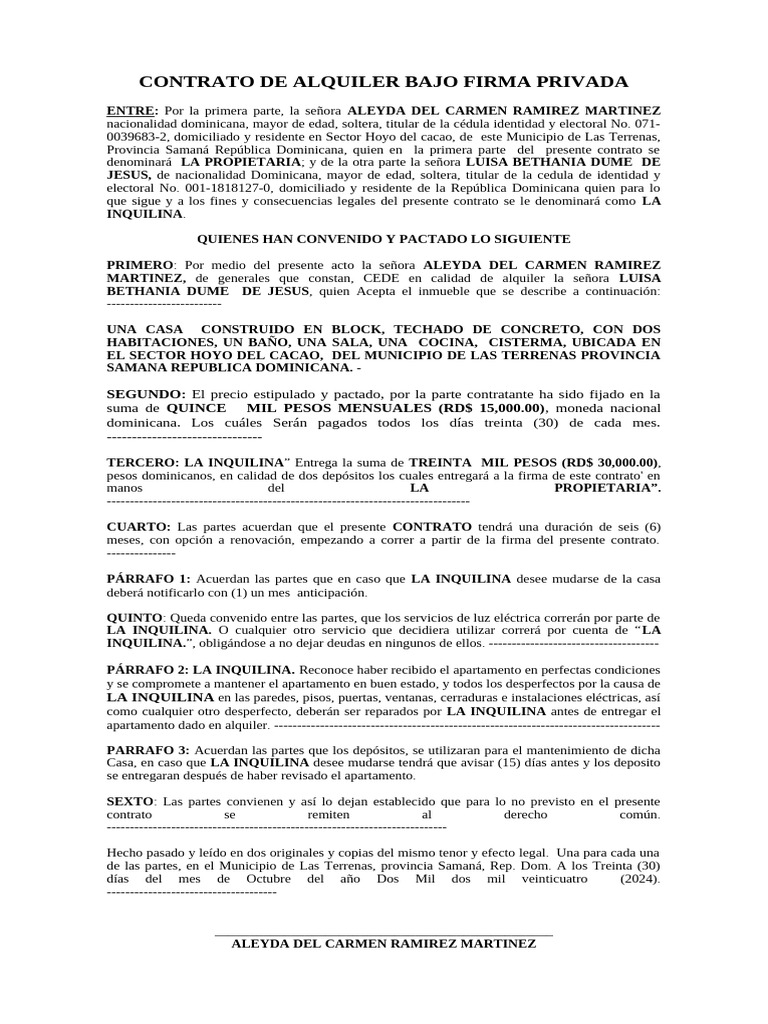 Contrato de Alquiler Bajo Firma Privada Aleyda Del Carmen Ramirez ...