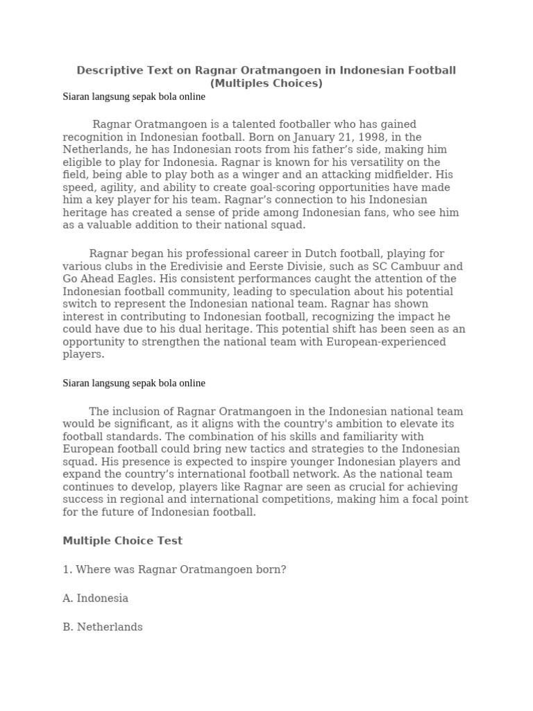 Descriptive Text On Ragnar Oratmangoen in Indonesian Football | PDF ...