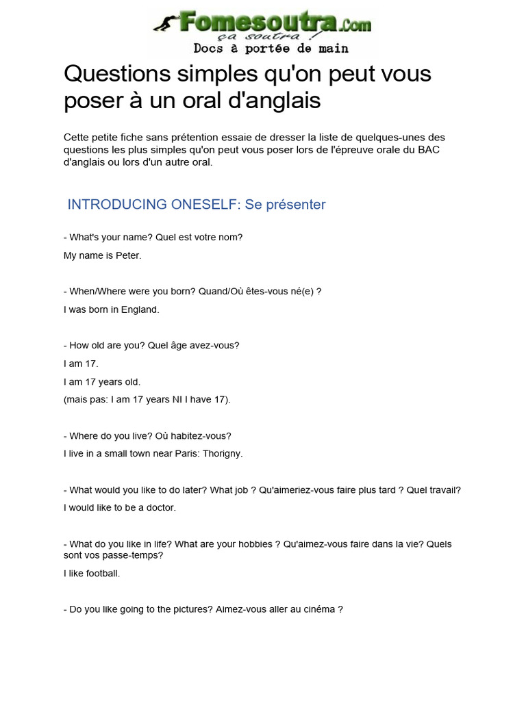 Questions Oral Anglais | PDF