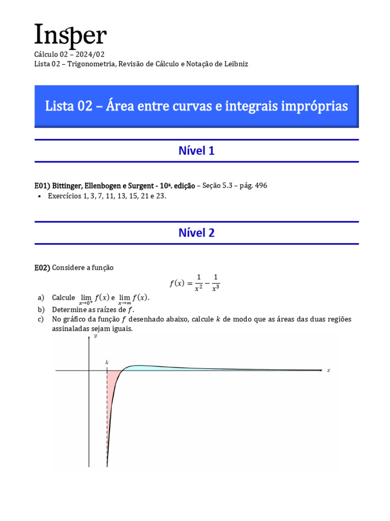 Lista - 02 - Área Entre Curvas e Integrais Impróprias - 2024 - 02 | PDF ...