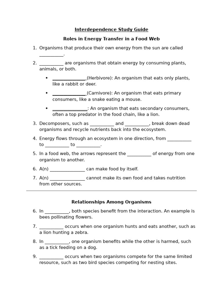 Interdependence Study Guide | PDF | Foods | Food Web
