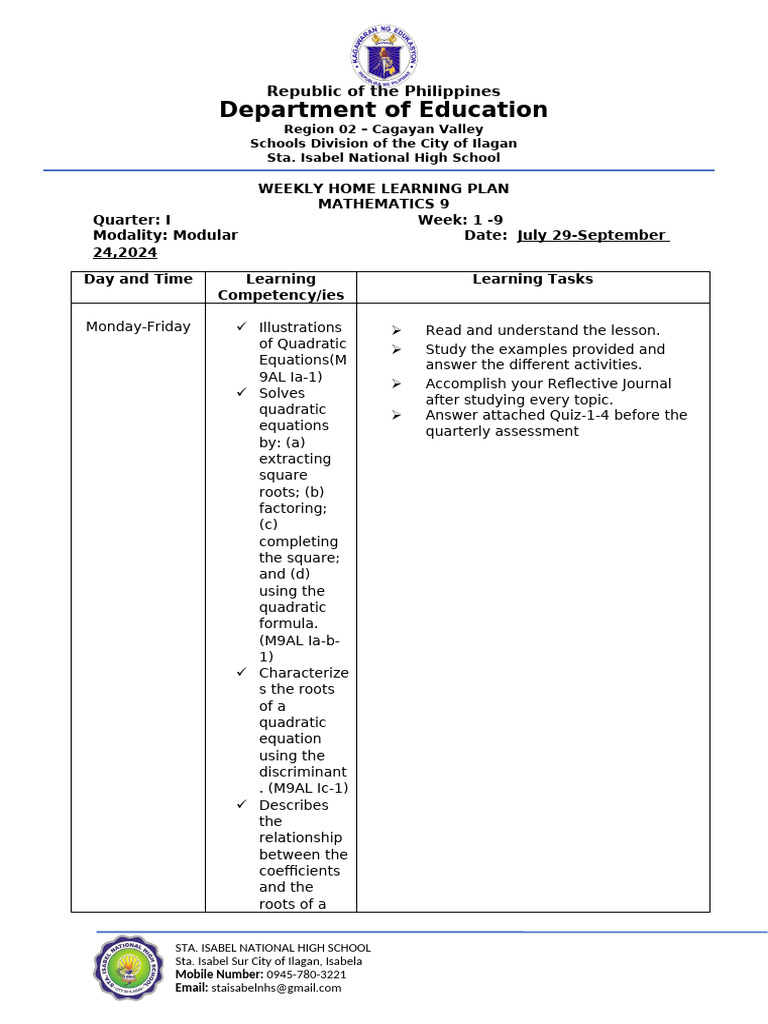 WHLP - Math 9-BETH | PDF | Trigonometric Functions | Quadratic Equation