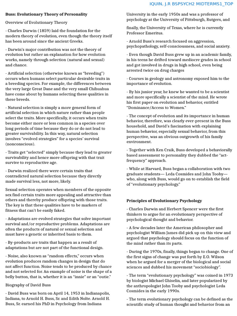Top2 Midterms Reviewer Trait Theories | PDF | Extraversion And Introversion | Evolution