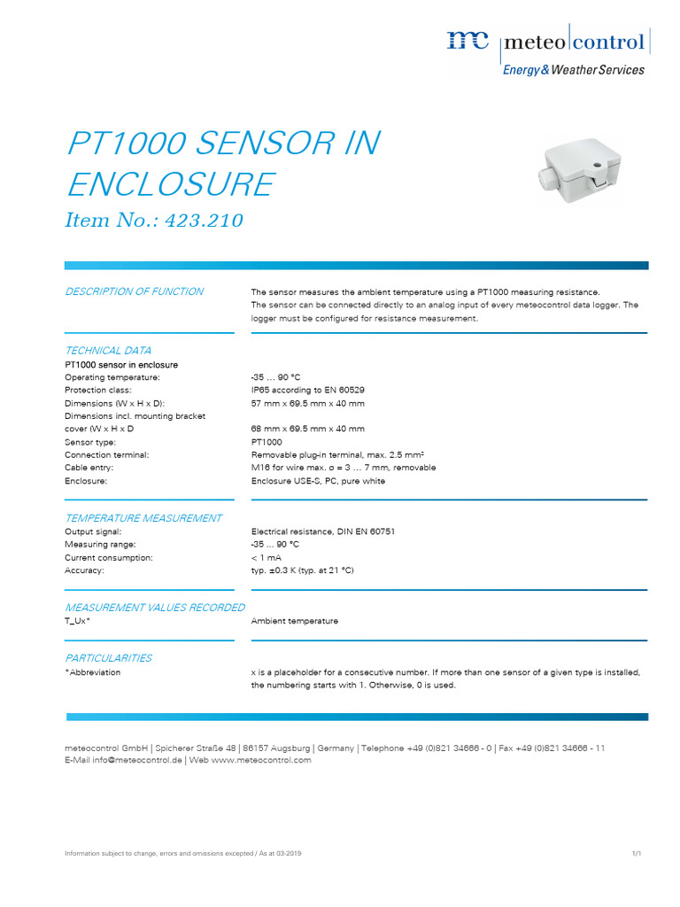 DB PT1000 Sensor in Enclosure en | PDF
