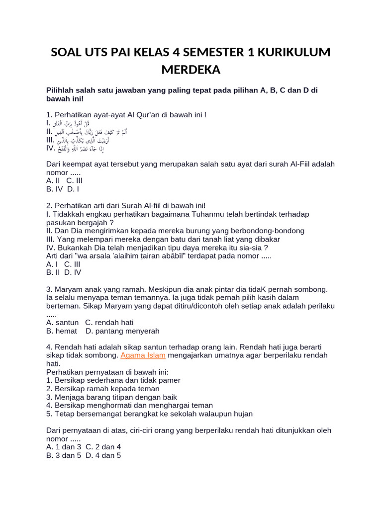 Soal Uts Pai Kelas 4 Kurikulum Merdeka Pdf