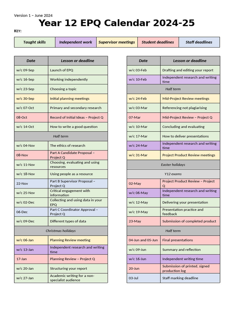 Year 12 EPQ Calendar 2024-25 | PDF | Academic Term