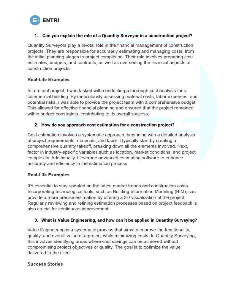 Quantity Surveying Interview Question and Answers | PDF | Building ...