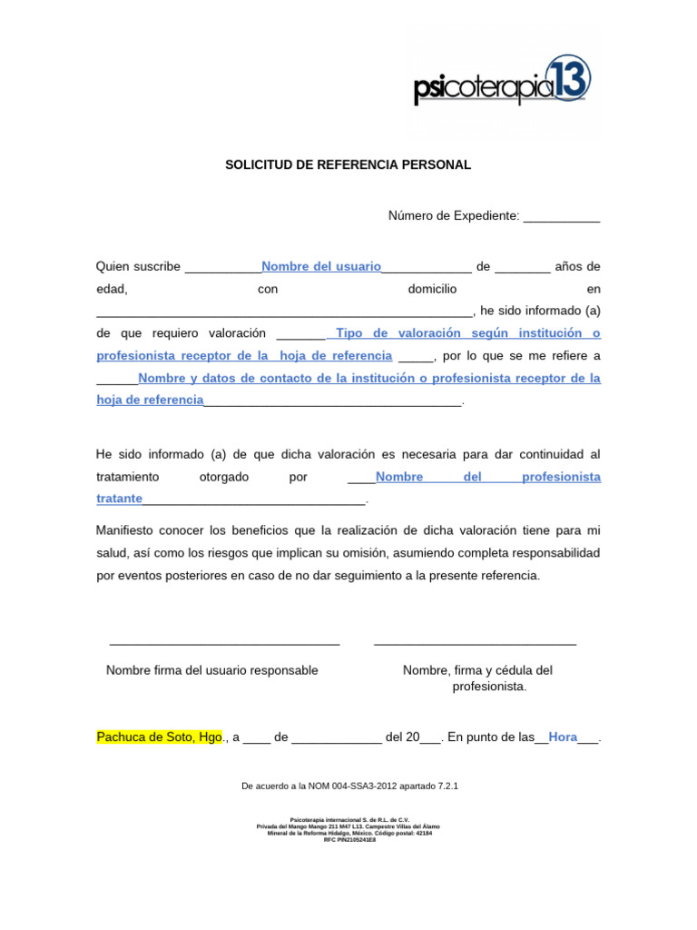 08 - Solicitud de de referencia personal de la consulta de psicología o ...