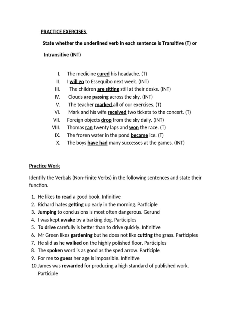 Practice Exercises - Verbs - For Week 2 Answer | PDF