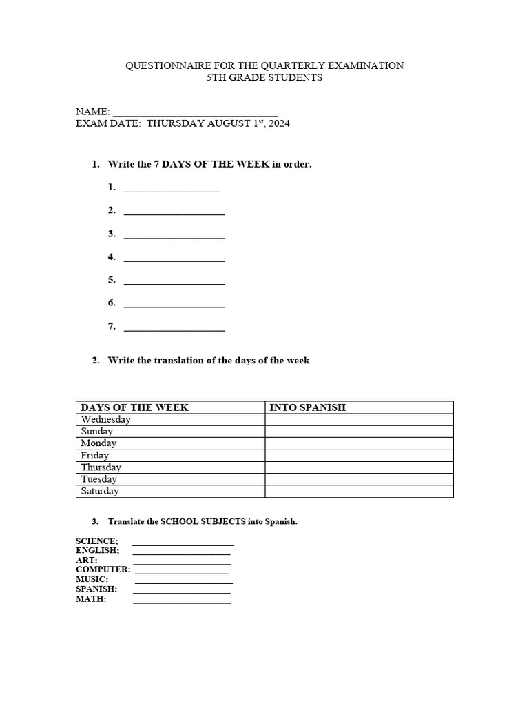 5th Grade Questionnaire | PDF