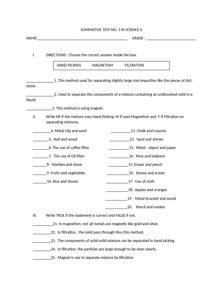 Science 6 Summative Test on Mixtures | PDF