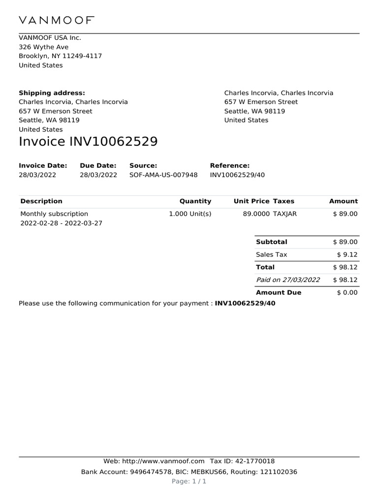 Vanmoof Invoice Inv10062529 | PDF