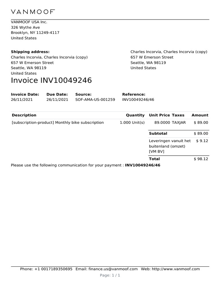 Vanmoof Invoice Inv10049246 | PDF