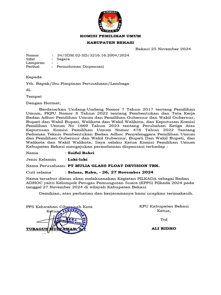 Permohonan-Dispensasi-KPPS - Saiful Bahri | PDF