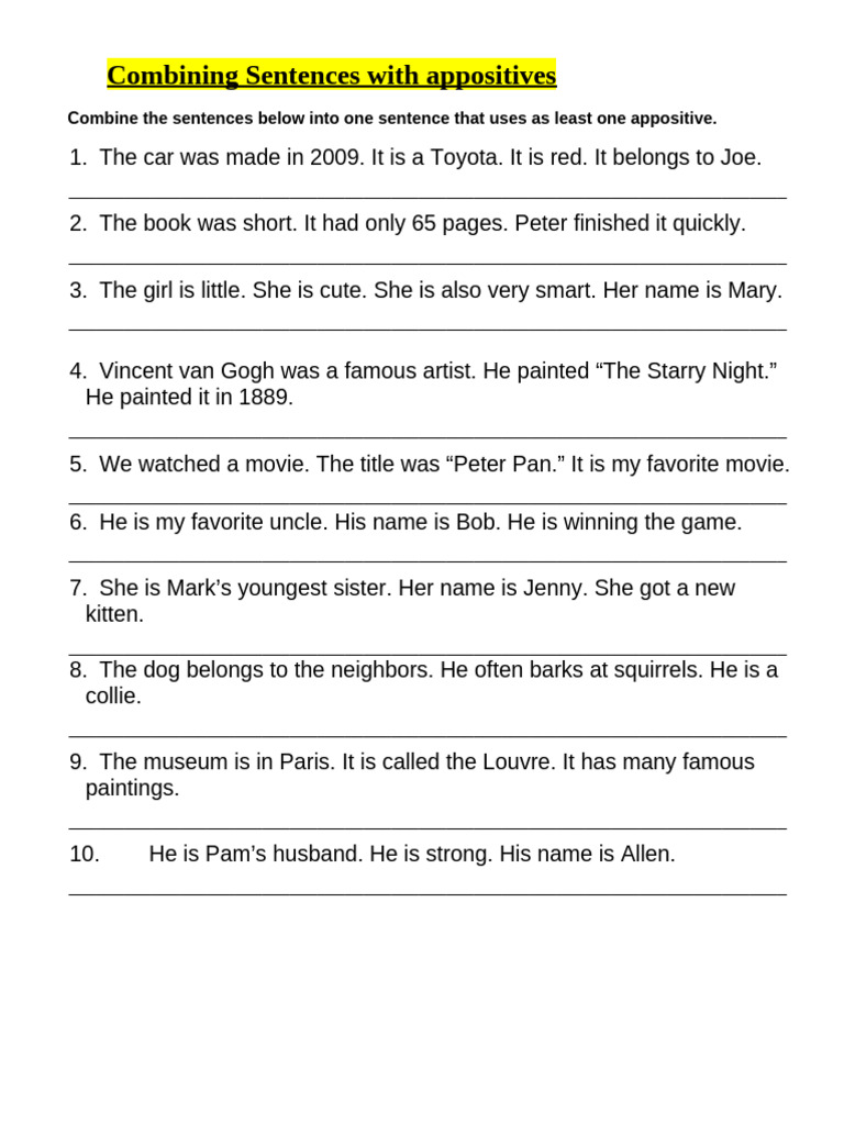 Combining Sentences With Appositives | PDF