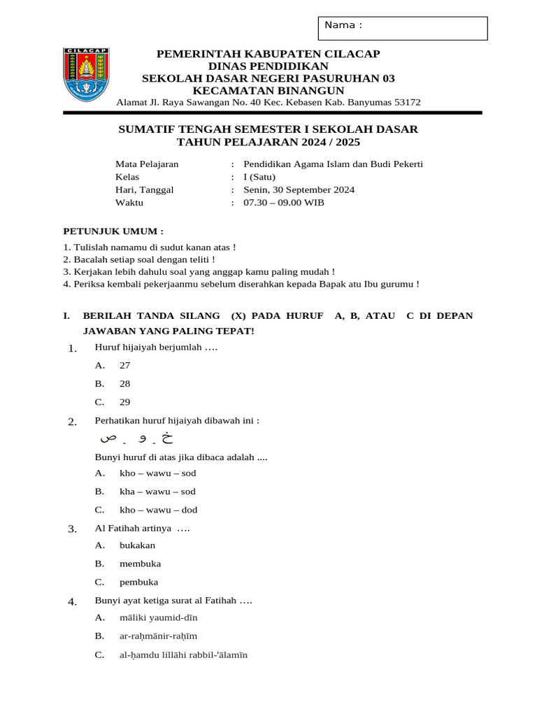 SOAL & KISI-KISI STS 1 PAI Kelas 1 IKM | PDF
