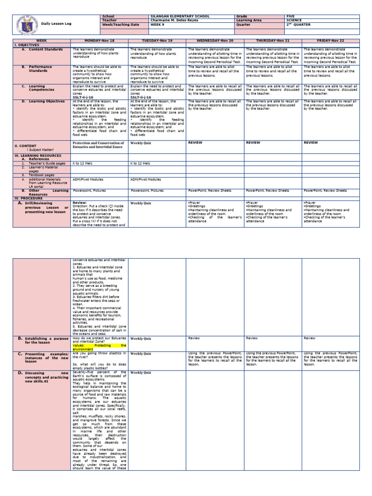DLL Week 9 Science | PDF | Estuary | Coast
