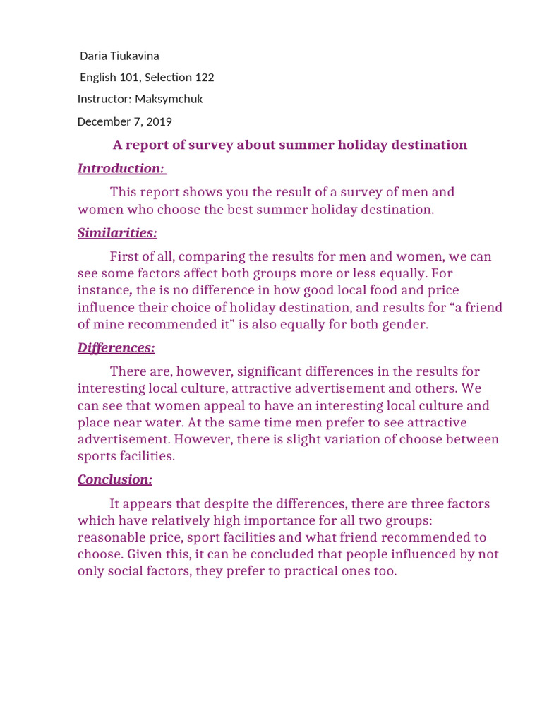 A Report of Survey About Summer Holiday Destination (Tiukavina) | PDF