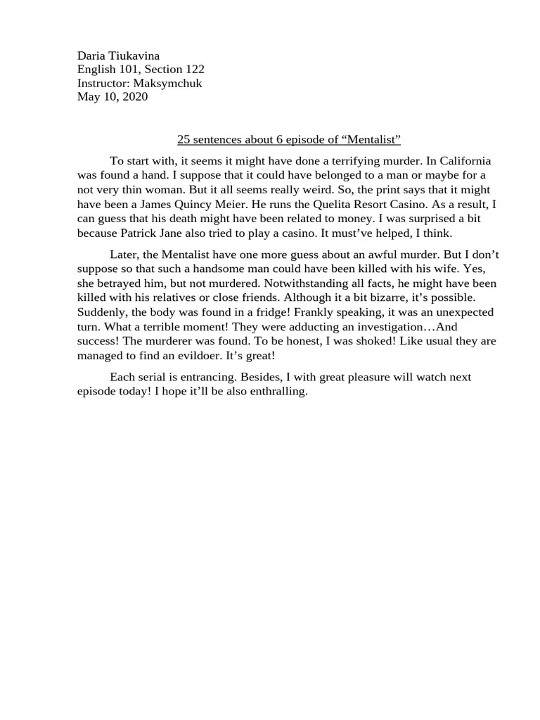 25 Sentences About 6 Episode of Mentalist Tiukavina | PDF
