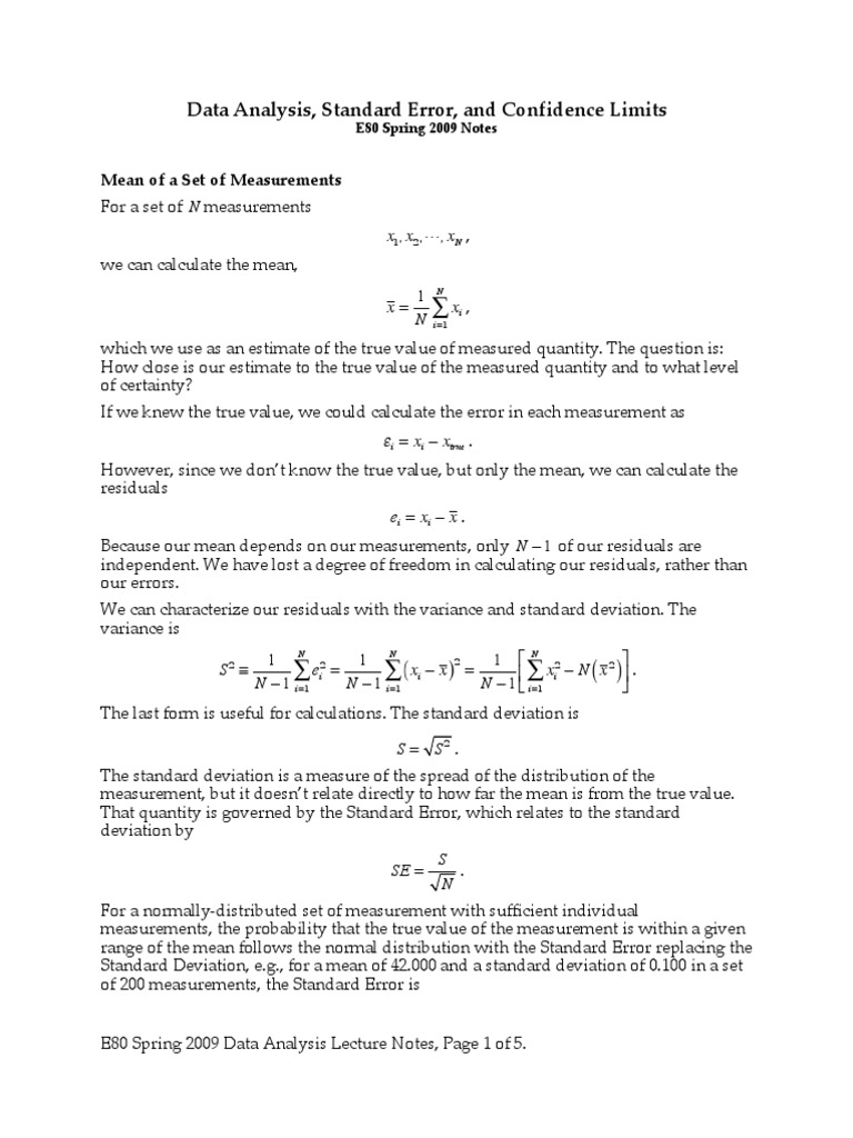 Data Analysis, Standard Error, and Confidence Limits: Mean of A Set of Measurements | PDF ...