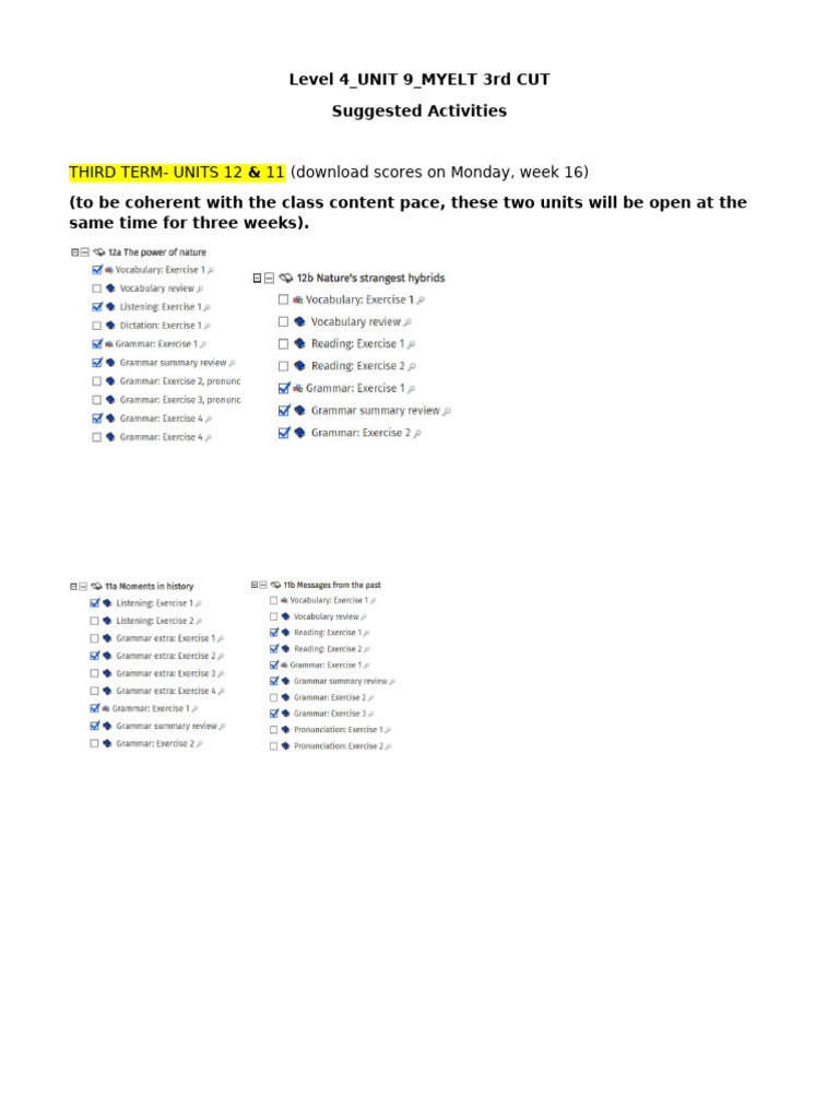 Suggested Activities - MYELT - Level 4 - Units 11 and 12 | PDF
