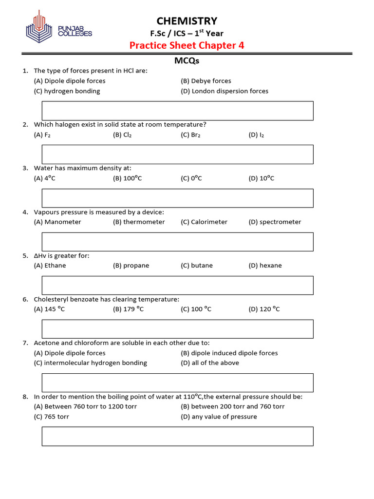 Chemistry Practice Sheet Part-1-CH#4 (Liquids) | PDF