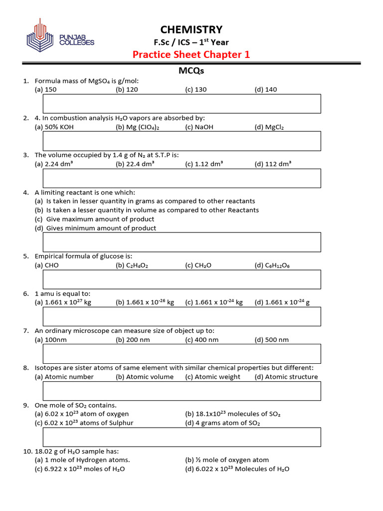 Chemistry Practice Sheet Part-1-CH#1 | PDF | Mole (Unit) | Atoms
