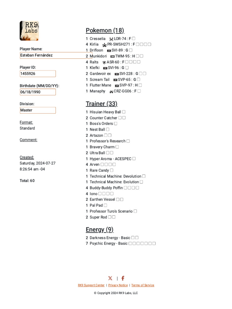 Player Deck List - RK9 Labs | PDF