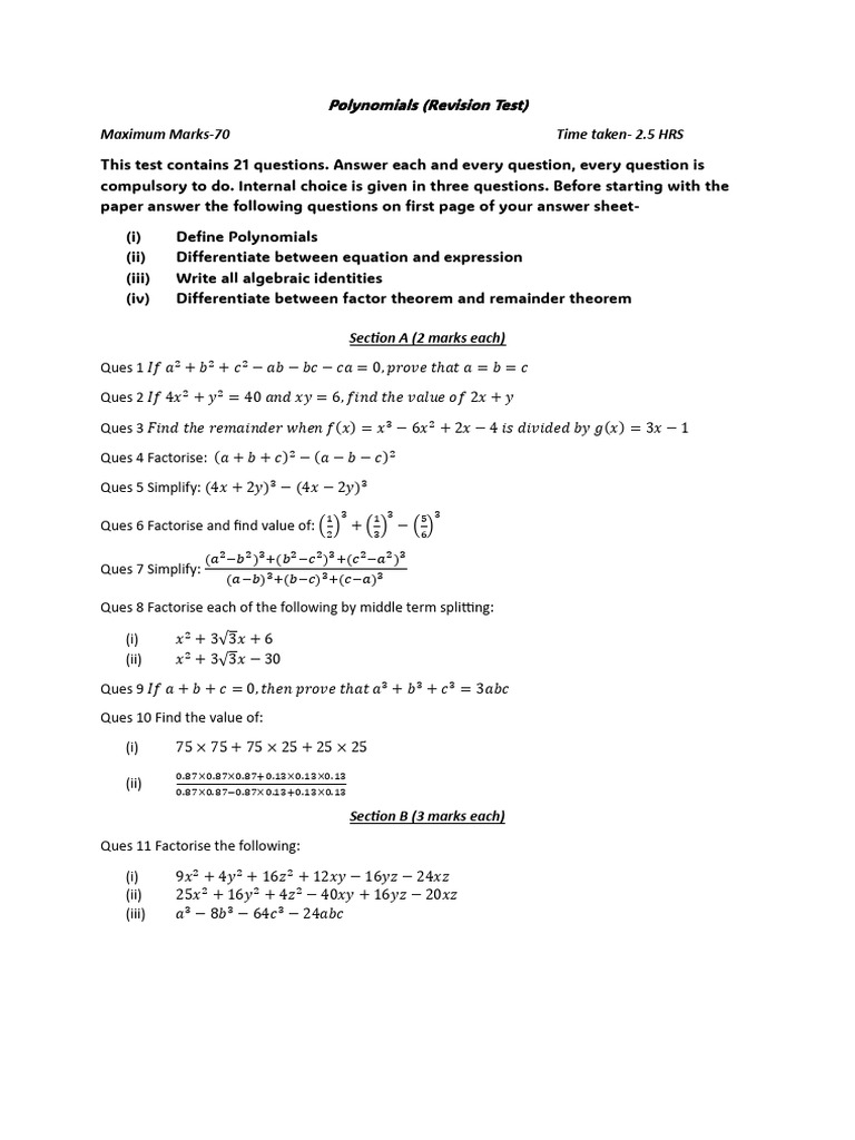 Polynomials Revision Test Questions | PDF | Factorization | Algebra