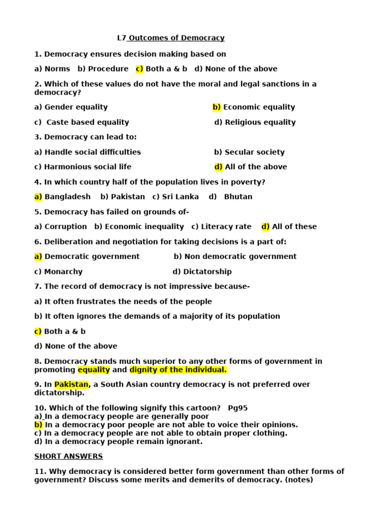 Worksheet Outcomes of Democracy | PDF | Democracy | Political Ideologies